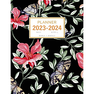 Planner 2023-2024: 8.5 x 11 Weekly and Monthly Organizer from May 2023 to April 2024 | Realistic Butterfly Flower Design Black