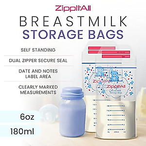 DiRose Breast Milk Storage Bags - Leak-Proof 100 Count Double Zipper 6 oz Capacity Extra Thick and Seal BPA/BPS Free/Disposable Pouches | Self-Standing Bag for Long and Safe Storing