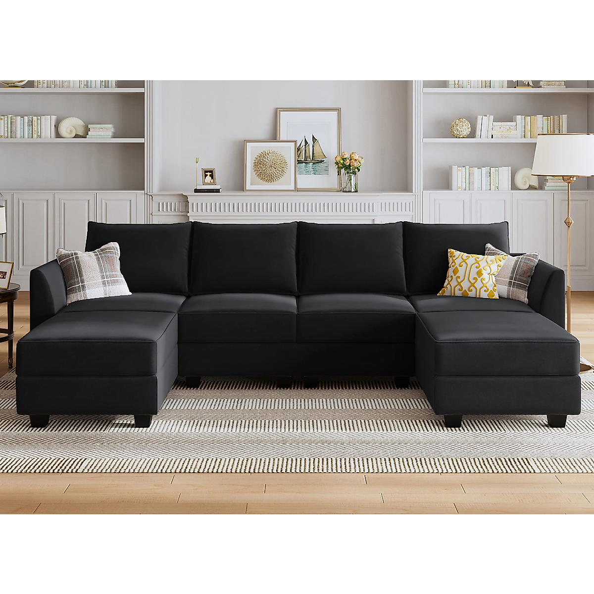 HONBAY Modular Sectional Sofa Convertible U Shaped Couch with Reversible Chaise Velvet Modular Sofa Sectional Couch with Storage Ottoman, Black