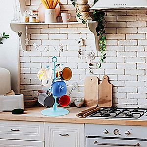 World Backyard 6 Mugs Holder Tree Cups Hanging Stand (Blue with Bird & House Sign)