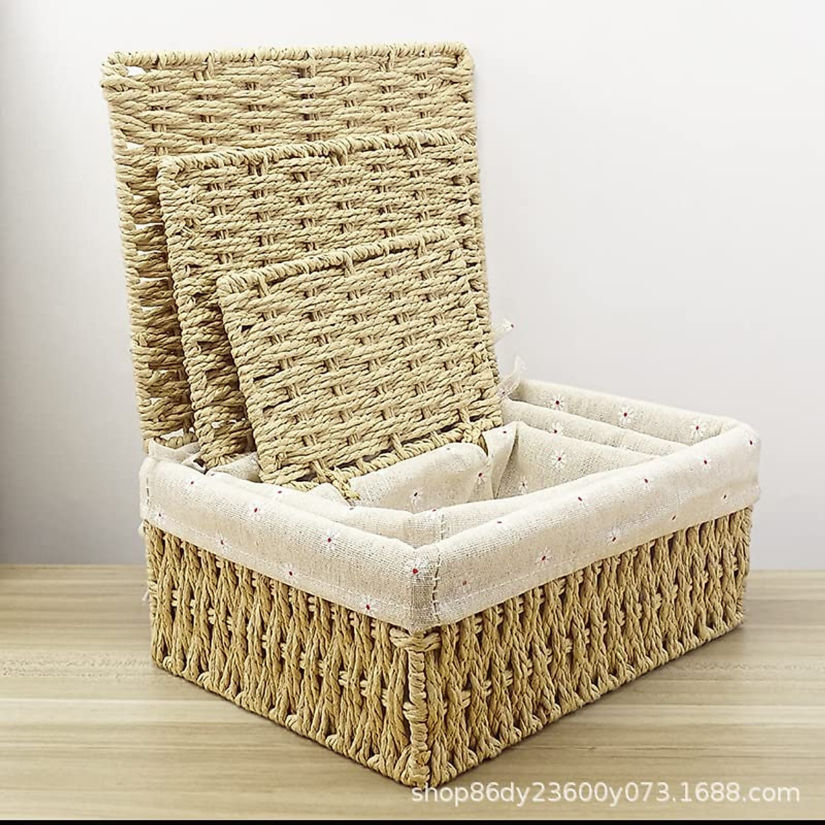 Straw Desktop Storage Basket Desktop Is Not Messy Used For Storage Of Daily Necessities Bedroom Kitchen Storage Box Cloth Art Dustproof Three-Piece Set (Beige)