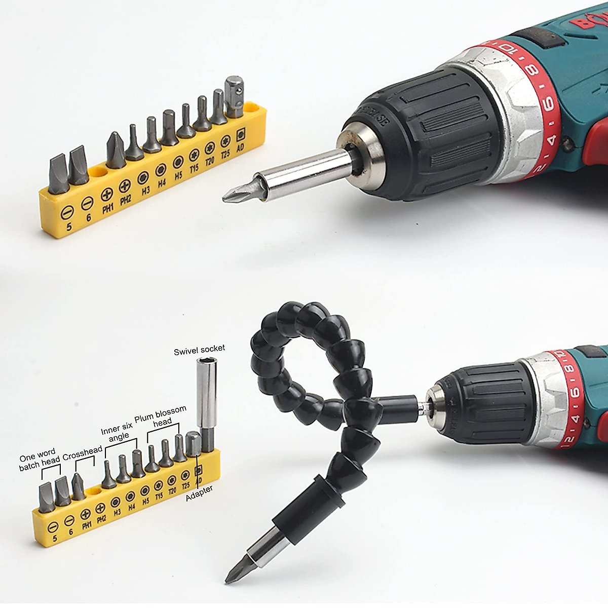 23pcs Flexible Drill Extension - 1/4" Magnetic Hex Soft Flexible Shaft Extension Bits - 9 Universal Nut Driver Drill Bit Set And 12 Screwdriver Bit Sets Included - Flex Bit Extension For Furniture