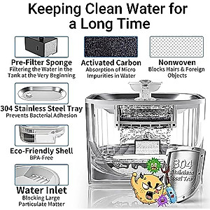 Premium Cat Water Fountain - 304 Stainless Steel Tray, Ultra-Quiet 5V Pump, Emergency Water Storage, 360 Degree Transparent Water Tank with Water Level Indicator, 84oz/2.5L, Oval Design, LED Light