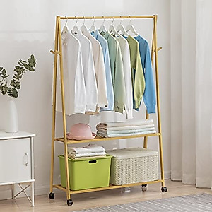 MoNiBloom Bamboo Garment Rack with Wheels Coat Rack Stand Clothes Rack with 2-Tier Storage Rack for Bedroom Living Room Entryway Home Office (Length 37.4", Natural)