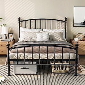 Queen Size Metal Platform Bed Frame, Victorian Wrought Iron-Art Design, Classic Black, Mattress Foundation with Headboard & Footboard, Under Bed Storage, No Box Spring Needed, Black
