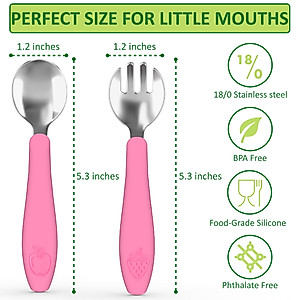 CHILLOUT LIFE Toddler Utensils, Kids Silverware with Silicone Handle, Stainless Steel Metal Toddler Forks and Spoons Safe Baby Cutlery Set for Self Feeding BPA Free Dishwasher Safe
