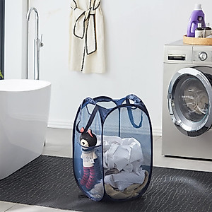 Collapsible Mesh Pop Up Laundry Hamper with Sturdy Handles and Side Pocket - Portable Foldable Clothes Baskets for Dorm, Bathroom & Travel Storage(Blue)