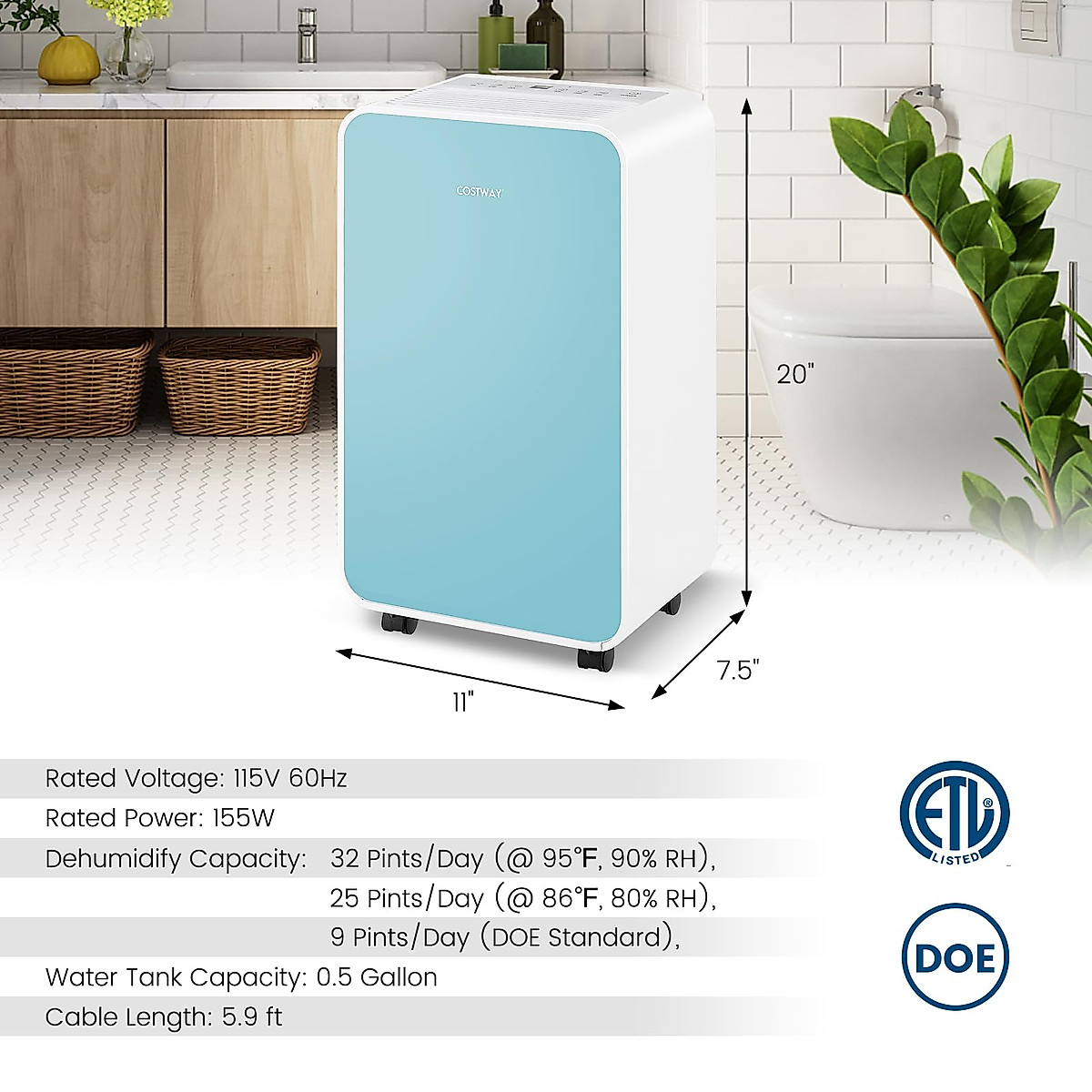 COSTWAY 2500 Sq. Ft Dehumidifier for Basement, 32 Pints Portable Quiet Dehumidifier with Sleep Mode, 24H Timer, Auto Shut Off, Auto Defrost & Drain Hose for Basement Bathroom (Navy)