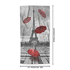 AOYEGO Eiffel Tower Red Umbrella Beach Towels Rainy Day in Paris France Gray Microfiber Soft Towels for Bath Hair Hand Towel for Women/Men/Girls/Boys 15x30 Inch