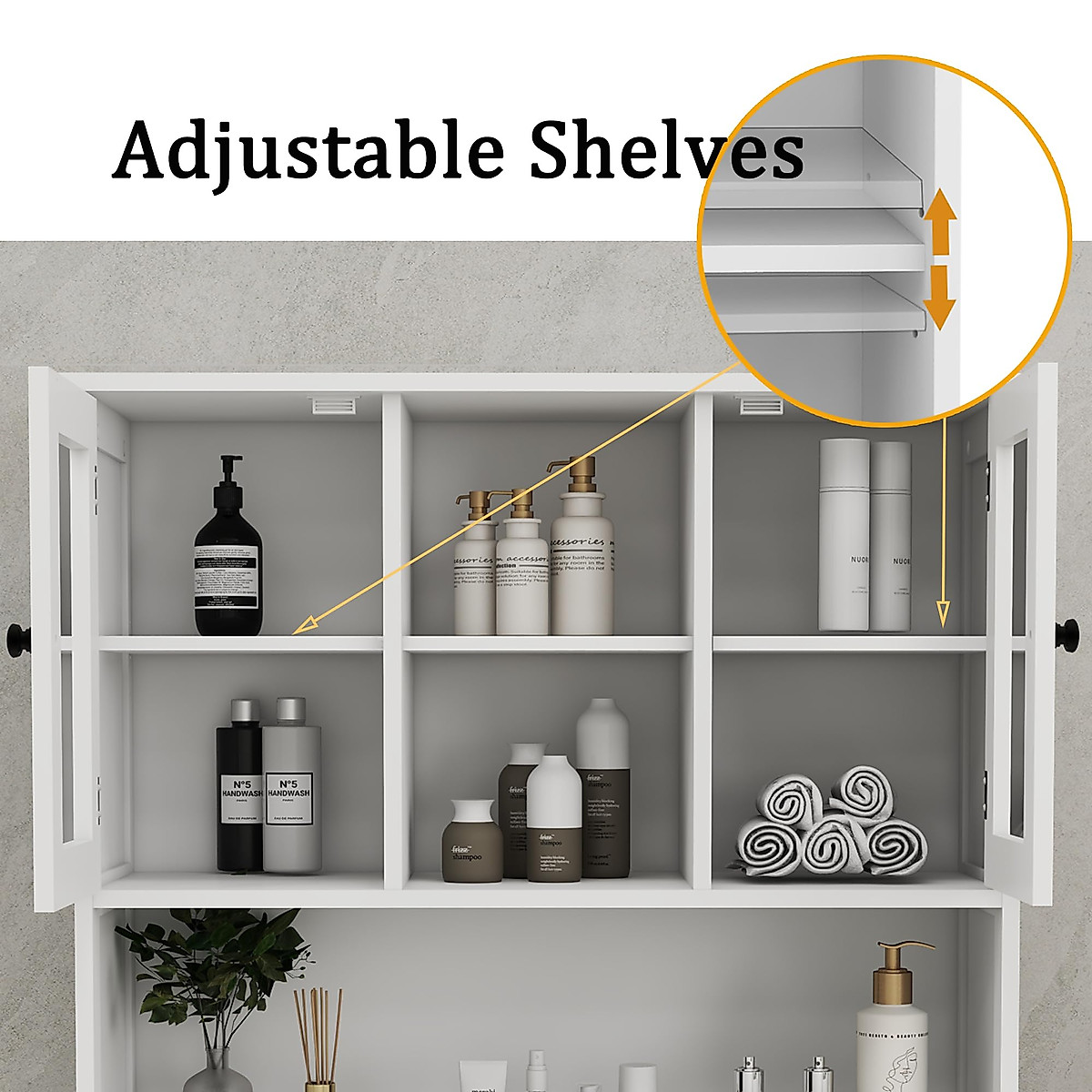 OQSC Tall Tilt-Out Double Doors Laundry Cabinet Hamper, Large Pull Out Laundry Room Storage Cabinets, Bathroom Cabinet with Hidden Laundry Hamper & Glass Doors, White,13 * 2 Gallons