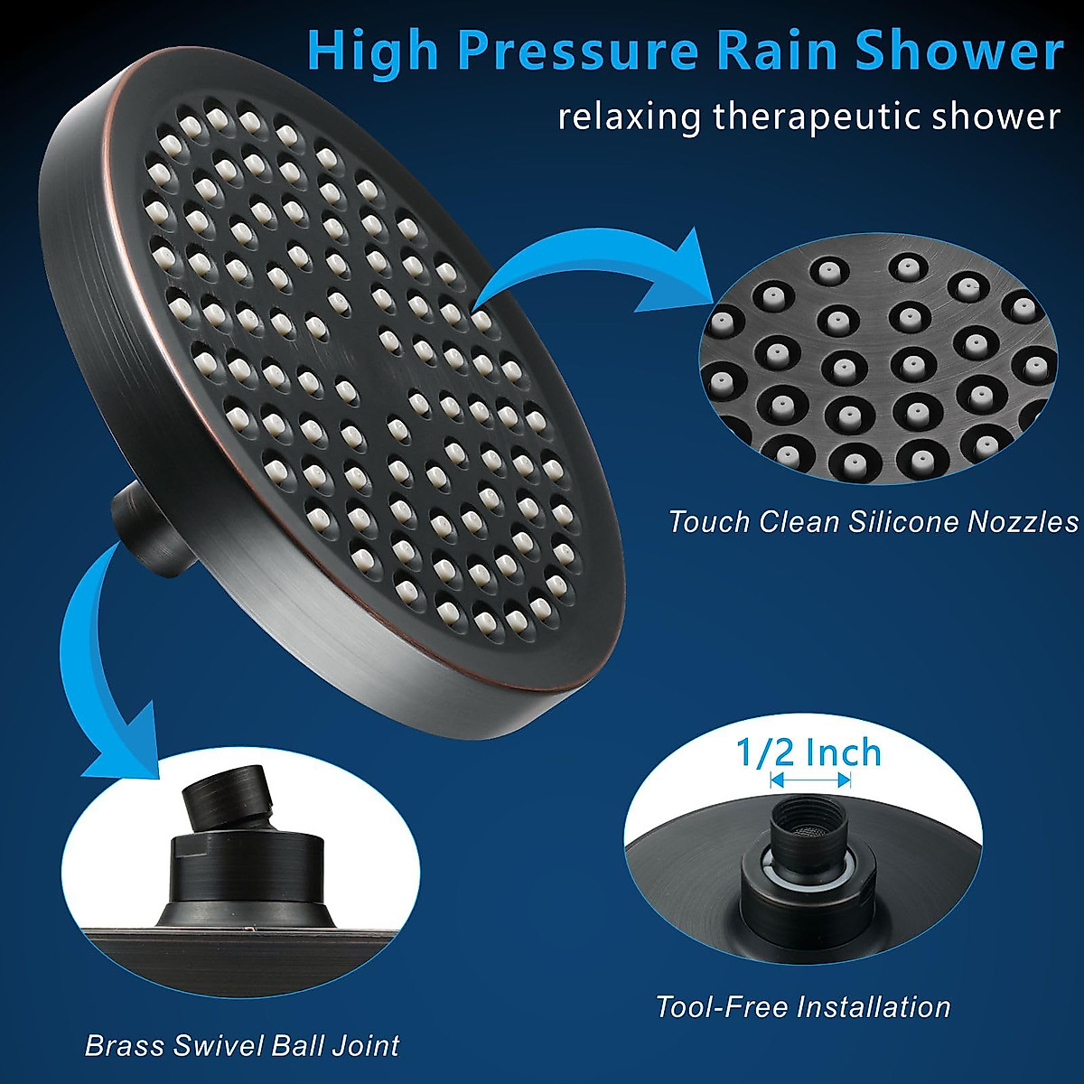 Voolan High Pressure Rain Shower Head, Luxury Modern Look, The Perfect Adjustable Replacement For Your Bathroom Showerhead, Comfortable Shower Experience Even at Low Water Flow (6" Oil-Rubbed Bronze)