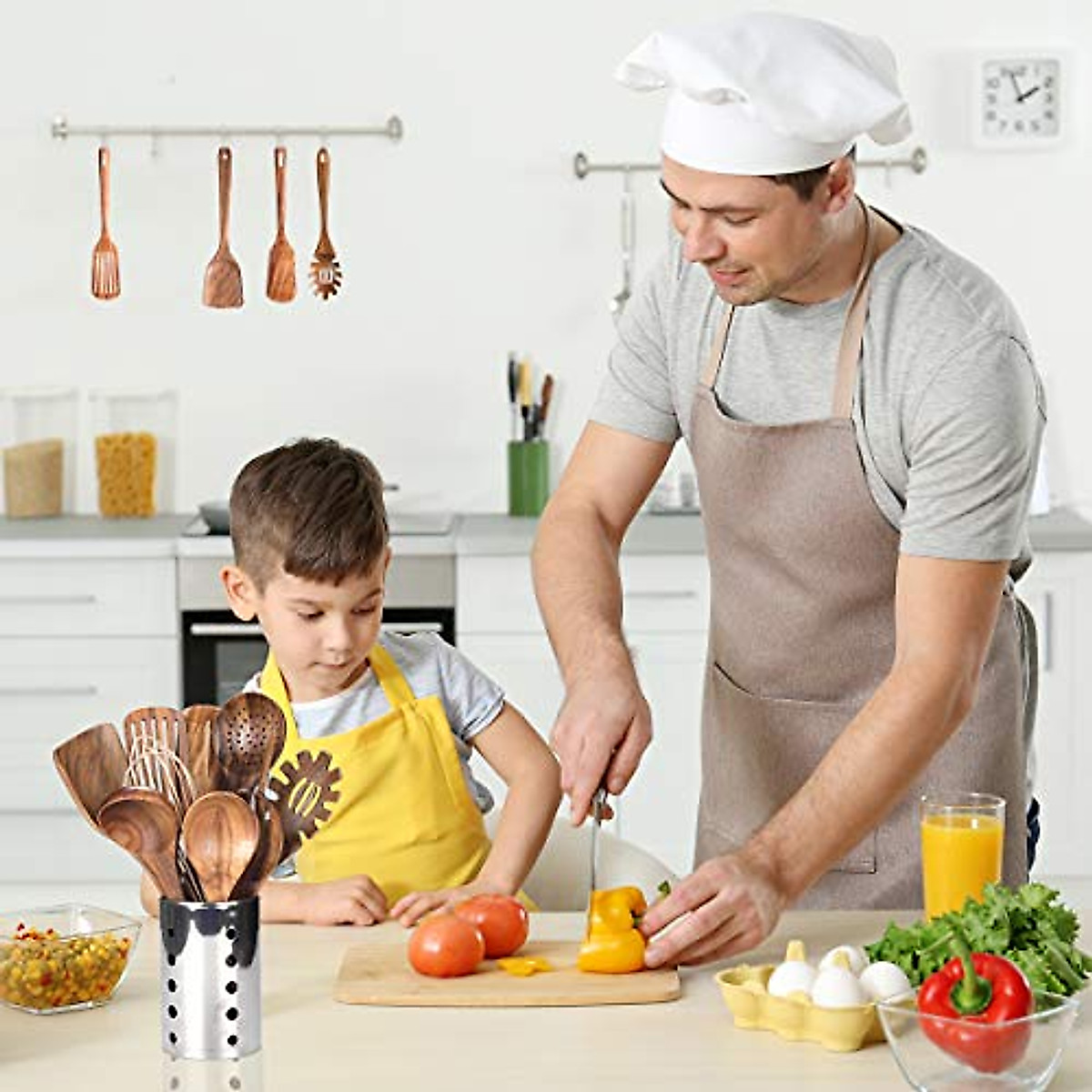 Kitchen Utenails Set with Holder,Kitchen Wooden Utensils for Cooking , Wood Utensil Natural Teak Wood Spoons for Cooking,Wooden Kitchen Utensil Set With Spatula and Ladle (11)