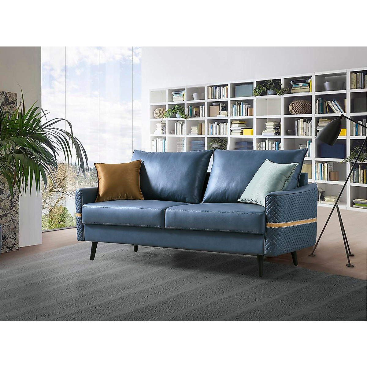 Prohon Tufted Love 73.22" Small Spaces, Mid-Century 2-3 Seats Loveseat with 2 Pillows, Leather Look High Comfort Fabric Sofa Couch for Living Room, Bedroom, Office, Apartment, Blue