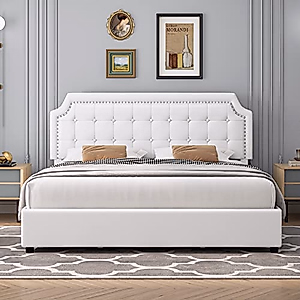 Keyluv Upholstered Queen Bed Frame with 4 Storage Drawers, Platform Bed with Curved Button Tufted Headboard with Nailhead Trim, Solid Wooden Slats Support, No Box Spring Needed, Off White