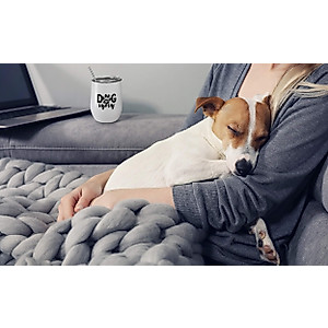 Fancyfams - Dog Mom - 12 oz Stainless Steel Stemless Wine Tumbler with Lid and Straw (Dog Mom - White)