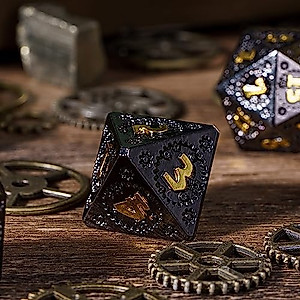 CRITALLIC Metal Dice Set Mechanical Gear Design DND Dice for Dungeons and Dragons, 7PCS Polyhedral D&D Dice with Leather Pouch for Role Playing Games MTG Table Games(Black Golden)