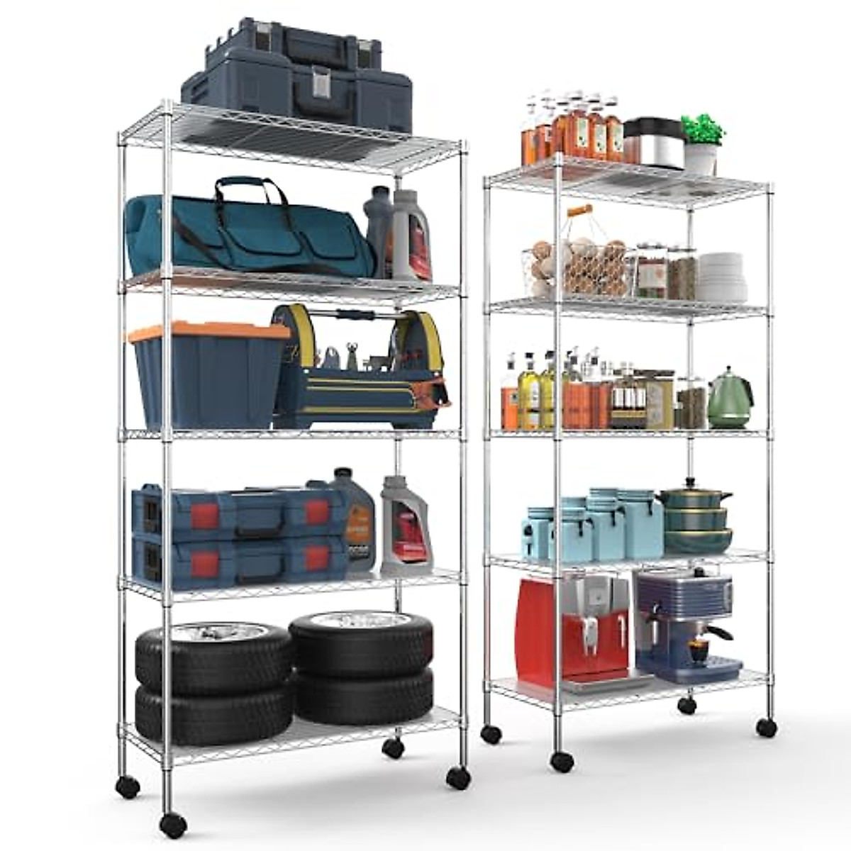 5 Tier NSF Wire Shelf Shelving Unit, 14 x 30 x 60 Inch 750lbs Capacity Adjustable Storage Metal Rack with Wheels/Leveling Feet & Shelf Liners, Ideal for Kitchen, Office Home and More - Chrome Set of 2