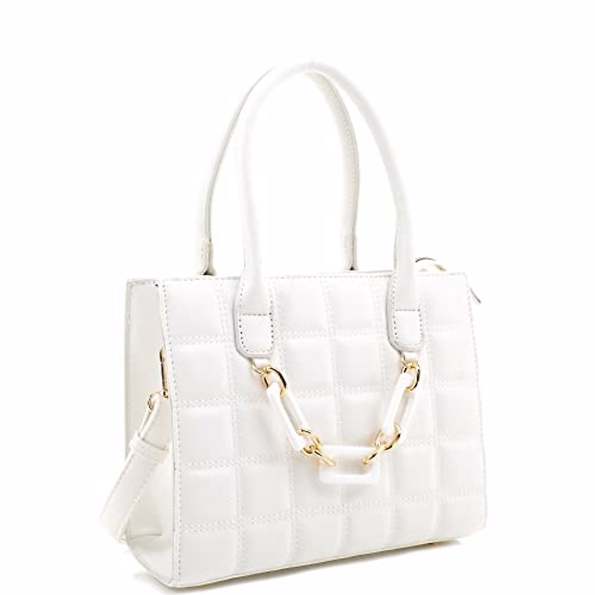 Vegan Leather Top-Handle Medium Boxy Satchel Tote Purse Crossbody Bag (Chain Front Embossed - White)