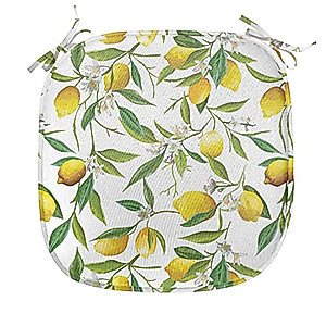Ambesonne Nature Chair Seating Cushion Set of 4, Flowering Lemon Woody Plant Romance Habitat Citrus Fresh Background, Anti-Slip Seat Padding for Kitchen & Patio, 16"x16", Fern Green Yellow White