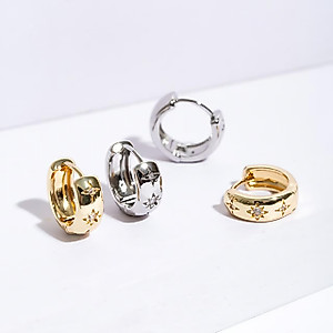 HUARJO 14K Gold Plated Sterling Silver Post Small Chunky Gold Hoop Earrings,Diamond Studded Huggie Earrings for Women 8mm 10mm 12mm (12mm, Gold)