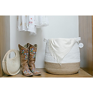 Large Blanket Basket for Living Room - Decorative Woven Baskets for Storage, Cotton Rope Baskets for Storage 16”x18”, Round Basket, Tall Laundry Hamper Basket, LuxiLily Baskets