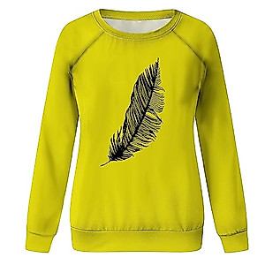 LAWOR Women'S Tops 2023 Summer Sudaderas capucha sudaderas la moda para mujer camisa manga larga estampado plumas jersey cuello redondo otoño G2-Yellow X-Large
