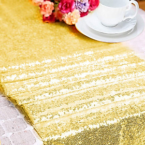 FECEDY 2packs 12 x 108inch Glitter Gold Sequin Table Runner for Birthday Wedding Engagement Bridal Shower Baby Shower Bachelorette Holiday Celebration Party Decorations