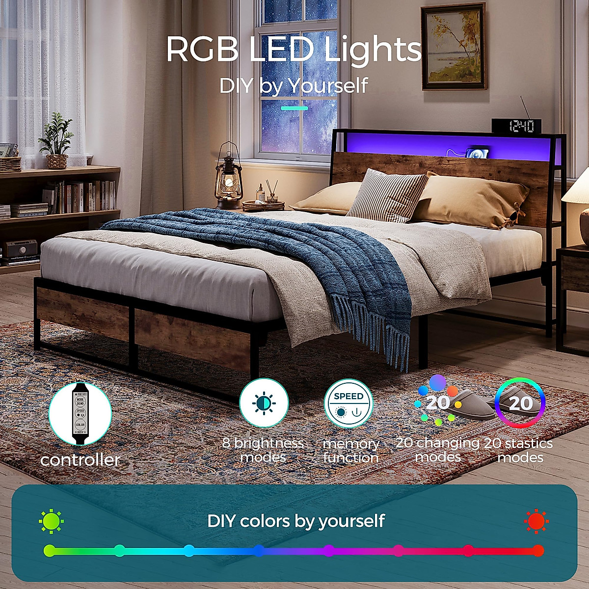 LINSY Queen Bed Frame with Ergonomic Headboard, 14 inch Fast Assembly Metal Bed with Lights, Outlets & USB, Bed Frame Queen Size with Storage, Noise Free, No Box Spring Needed, Rustic Brown