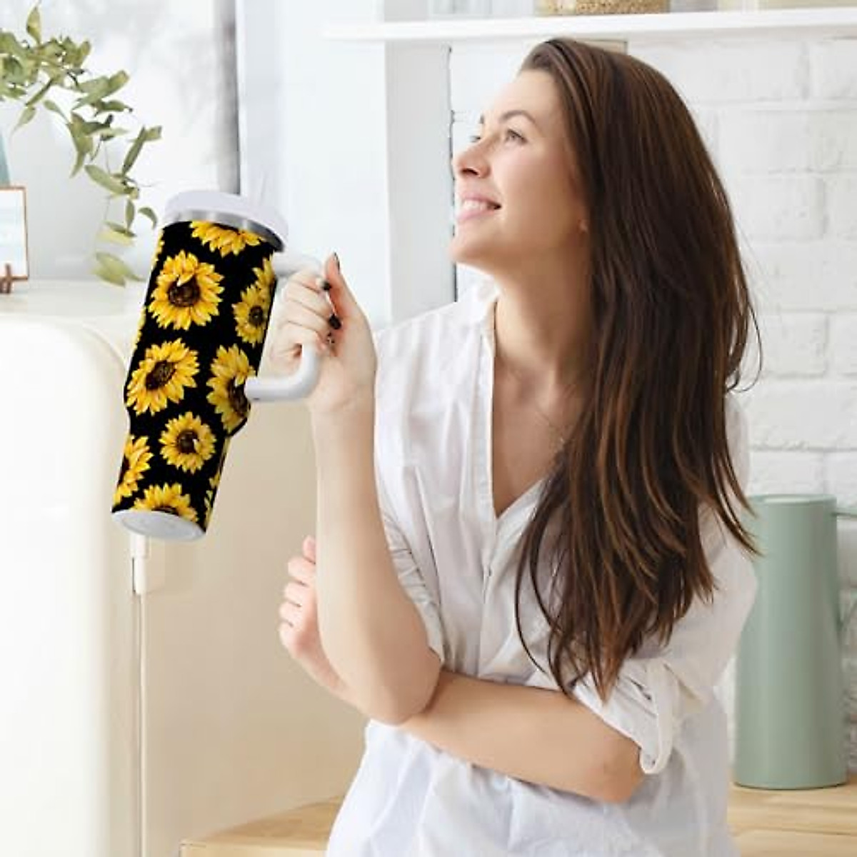 MCHIVER Black Sunflowers 30 oz Tumbler with Handle and Straw Stainless Steel Vacuum Water Bottle Leak-proof Travel Coffee Mug Insulated Water Bottle for Car Home Office