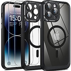 Oneagle Magnetic for iPhone 14 Pro Max Case Clear, [Compatible with Magsafe][30X Anti-Yellow][Built-in Lens Protector][Metal Lens Frame],14 Pro Max Phone Case with 2 Screen Protectors(Black)