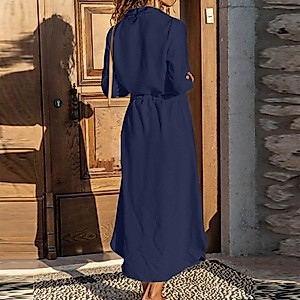 Ceboyel Linen Shirt Dresses for Women Button Down Drawstring Causal Dress Plain Long Maxi Dresses Trendy Ladies Outfits 2023 Sundresses for Women Navy 2X