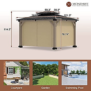 MONDAWE Cedar Wood 10x12Ft Hardtop Gazebo with Curtains, Rectangular Outdoor Permanent Gazebo Pergola with Galvanized Steel Double Roof Pavilion for Patio Lawn Garden