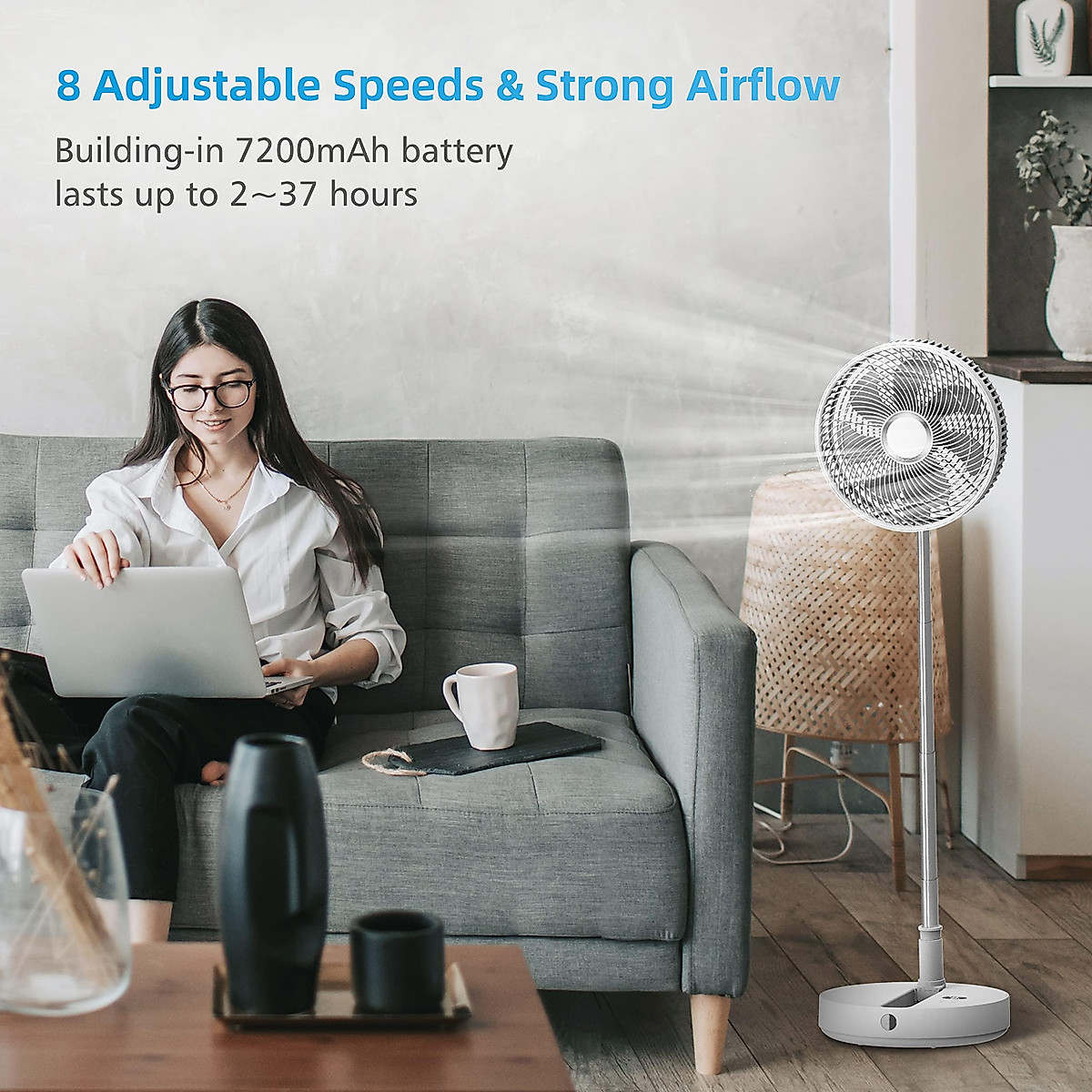 CooCoCo 12" Foldable Rechargeable Fan, Portable Travel Fan, Height Adjustable Oscillating Fan with Remote Control, Cordless Quiet, Standing Fan for Bedroom, Home, Office, Dorm