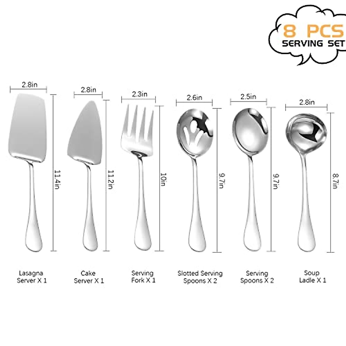 Stainless Steel Serving Utensils,8 Pcs Serving Set with Serving Spoons,Serving Fork,Soup Ladle,Lasagna Server,Pie Server,Polished Serving Utensil Set for Buffet Parties Home,Dishwasher Safe