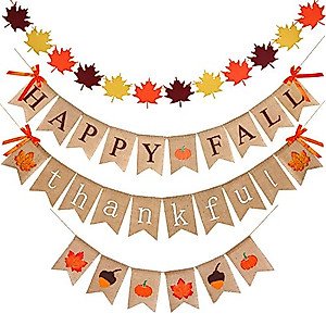 4 Pieces Thanksgiving Fall Decorations Burlap Thankful Banner Happy Fall Banner Pumpkins Maple Leaves Acorn Banner Felt Maple Leaves Garland Banner for Thanksgiving Decorations