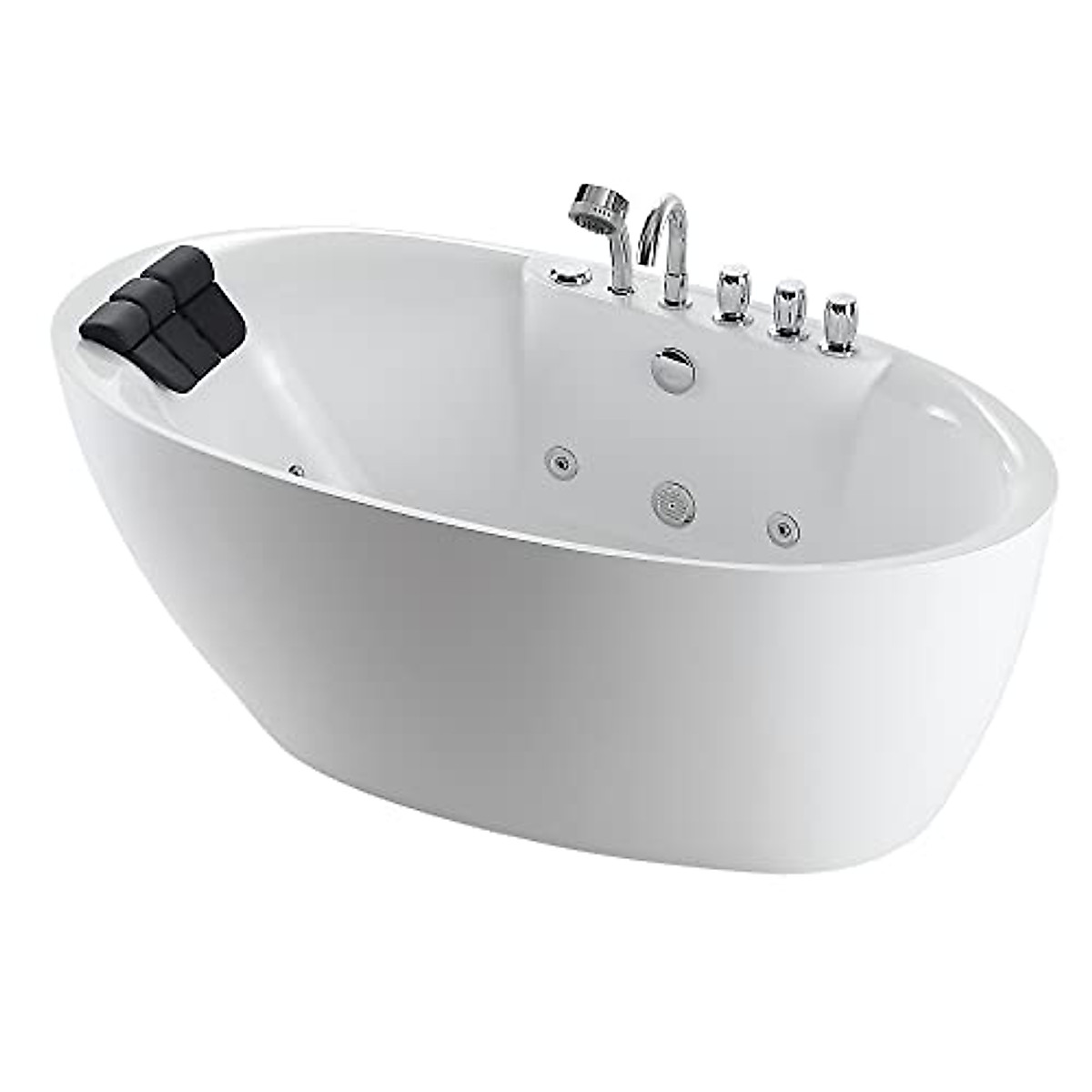 Empava 59 in. Acrylic Freestanding Tub Hydromassage Gracefully Oval Shaped Whirlpool 7 Water Jets Soaking SPA, Double-Ended Massage Bathtub with Black Pillow , White