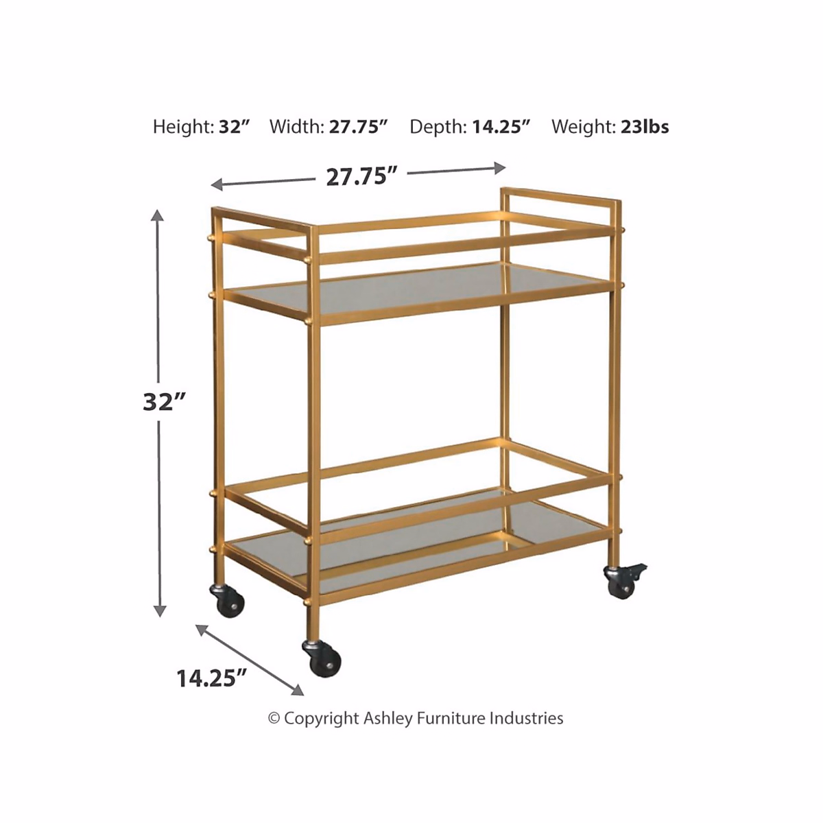 Signature Design by Ashley Kailman Modern Glam Mirrored Metal Bar Cart with Casters, 32", Gold Finish