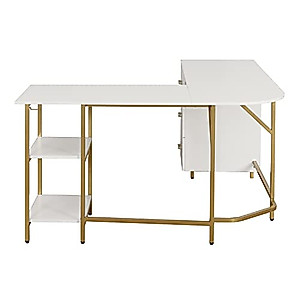 Techni Mobili L Shaped Desk - Two-Toned Computer Desk with Drawers & Storage Shelves - Simple Modern Furniture & Home Office Space Corner Table for Work & Writing