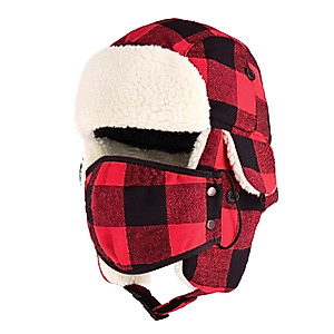 CHOK.LIDS Lumberjack Plaid Winter Trapper Unisex Premium Extra Strength Sherpa Ear Flap Chin Strap Cold Weather Outdoor Hat (Red)