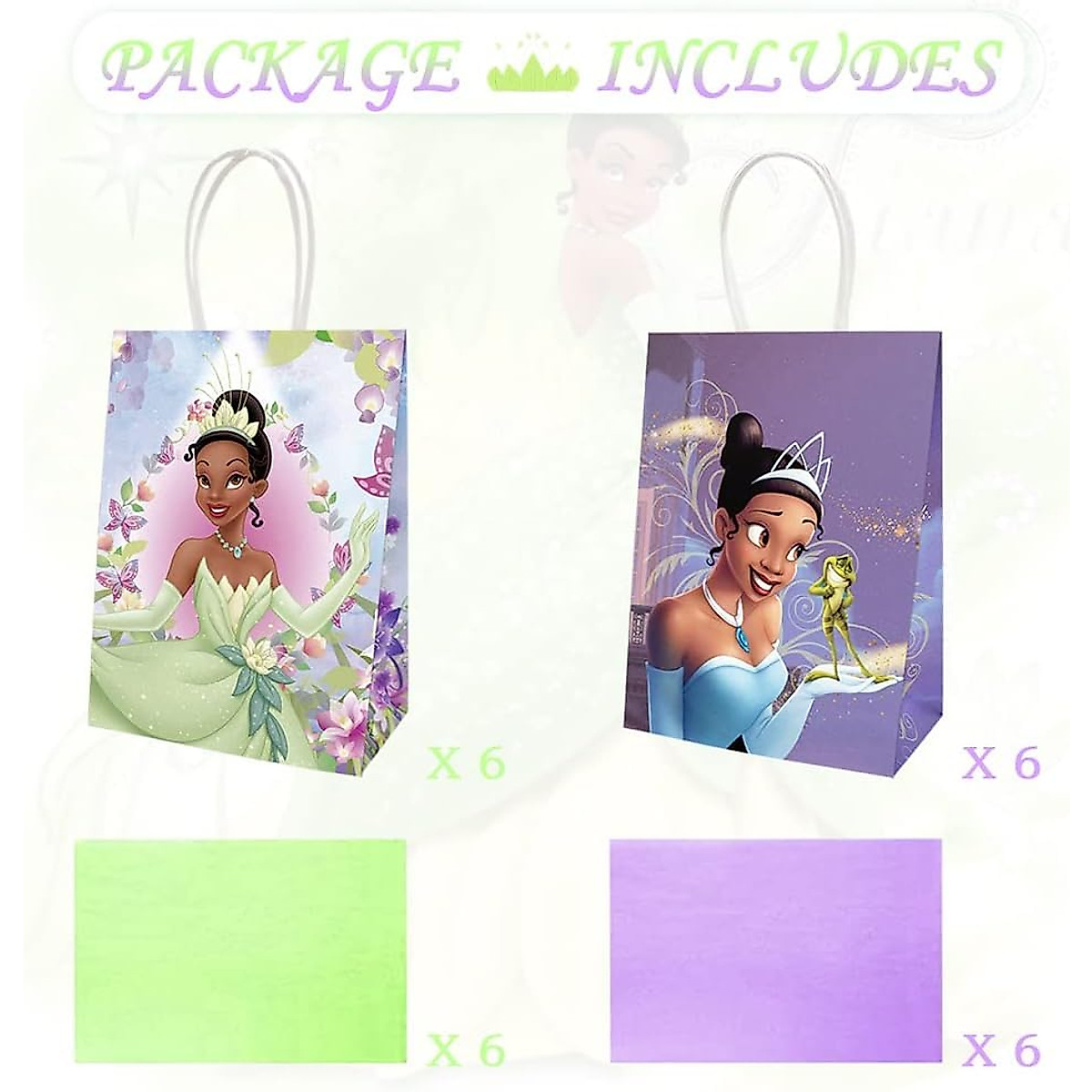 JWSeeMe 12 Pcs Princess Tiana Party Supplies Gift Bags Paper Candy Bags Birthday Party Favors for Boys Girls, 2 Patterns 1
