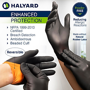 HALYARD BLACK-FIRE 44758 Powder-Free Nitrile Exam Gloves, L, Shape, Large, Black/Orange (Case of 1500)