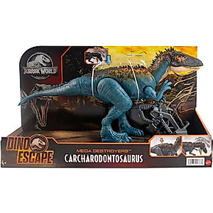 Mattel Jurassic World Mega Destroyers Carcharodontosaurus Posable Dinosaur Action Figure Toy with Attack and Breakout Features, Blue