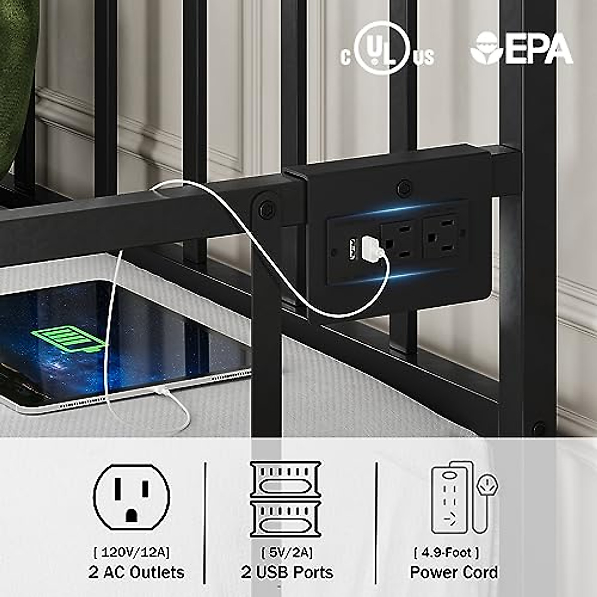 CollaredEagle Daybed with Trundle, Adjustable Sofa Bed Frame with Charging Station, Metal Twin Daybed with LED Lights for Living Room, Bedroom and Guest Room, Black