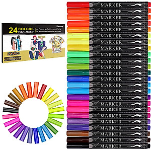 Emooqi Fabric Marker, 24 Colors Textile Marker, No Bleed Fabric Pen Vivid and Washable T-Shirt Marker, Ideal for Decorate T-shirts Bibs Textiles Shoes Handbags Graduation Signatures