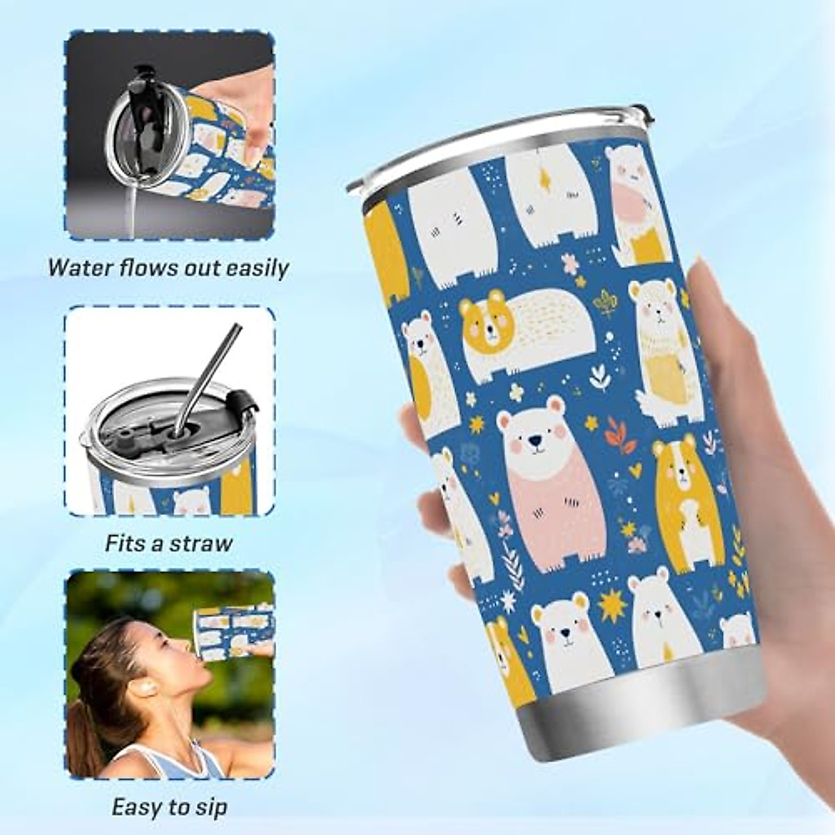 sanluoli Mr &mrs Bear Pink Blue Stainless Steel vacuum insulated water bottle Leak-proof Lid and Straw coffee mug for café cute tumblers with lids and straws 20 OZ