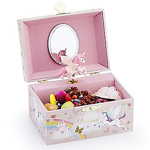 RR ROUND RICH DESIGN Musical Jewelry Glitter Storage Box and Jewelry Set for Little Girls with Spinning Unicorn and Rainbow - Over the Waves Tune Pink