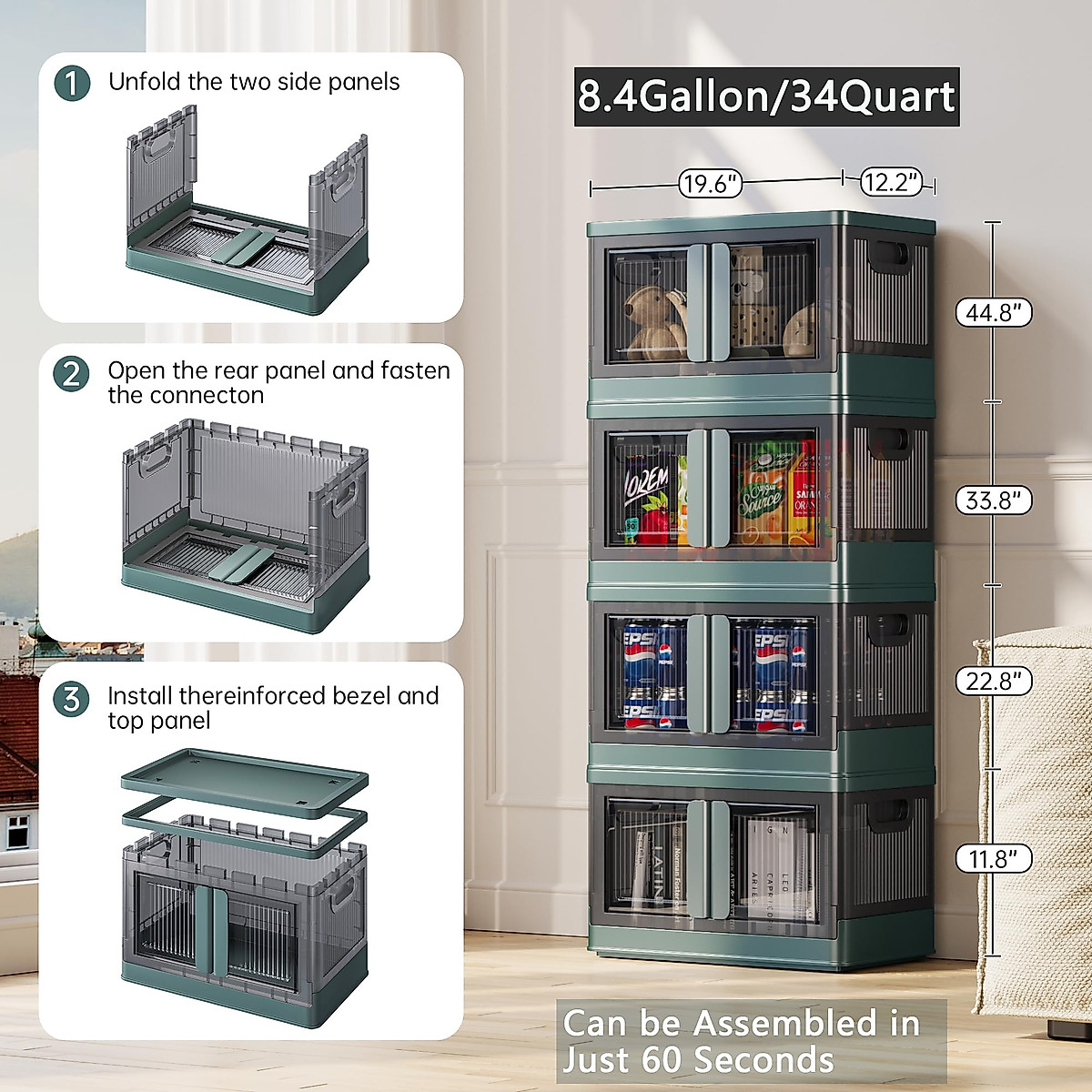 Sineda 8.4 Gallon Collapsible Storage Bins with Lids, 4 Pack - Stackable Storage Bins with Doors and Wheels, Plastic Storage Cabinet for Easy Storage and Organization, Green