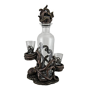 Octopus Spirit Decorative Antique Bronze Finish Statue and Glass Decanter Set
