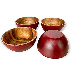 WRIGHTMART Wood Bowl, Set of 4 for Food, Salad, Snacks, Appetizers, Candy, Nut Mixes, Rustic Durable Hand Crafted Acacia Serveware, 5” diameter, Natural Finish, Red Wash Exterior