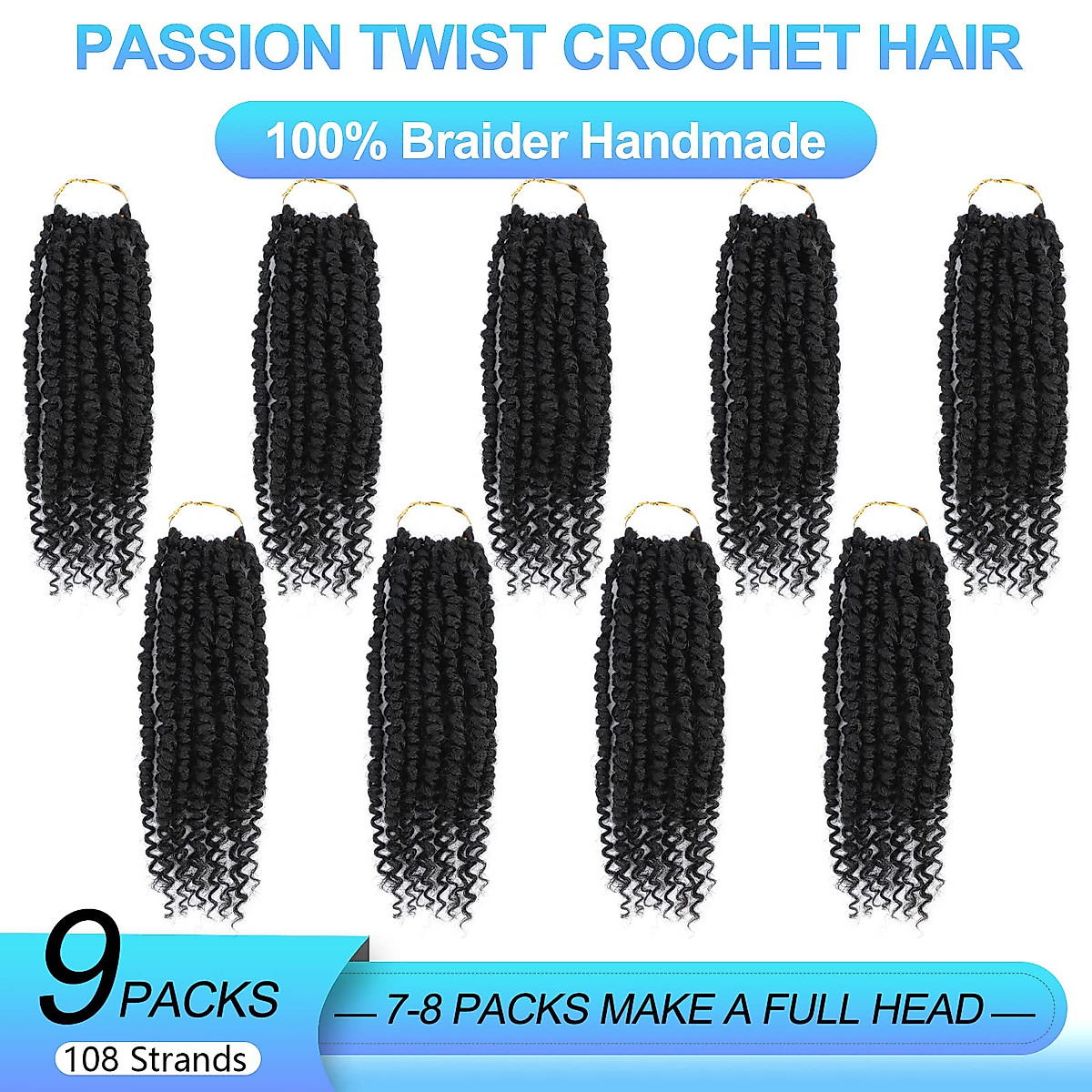 Passion Twist Crochet Hair,12 Inch 9 Packs Pretwisted Passion Twist Hair, Soft Pre Looped And Pre twist Crochet Hair For Women，Short Black Curly Crochet Braids(12",1B#)